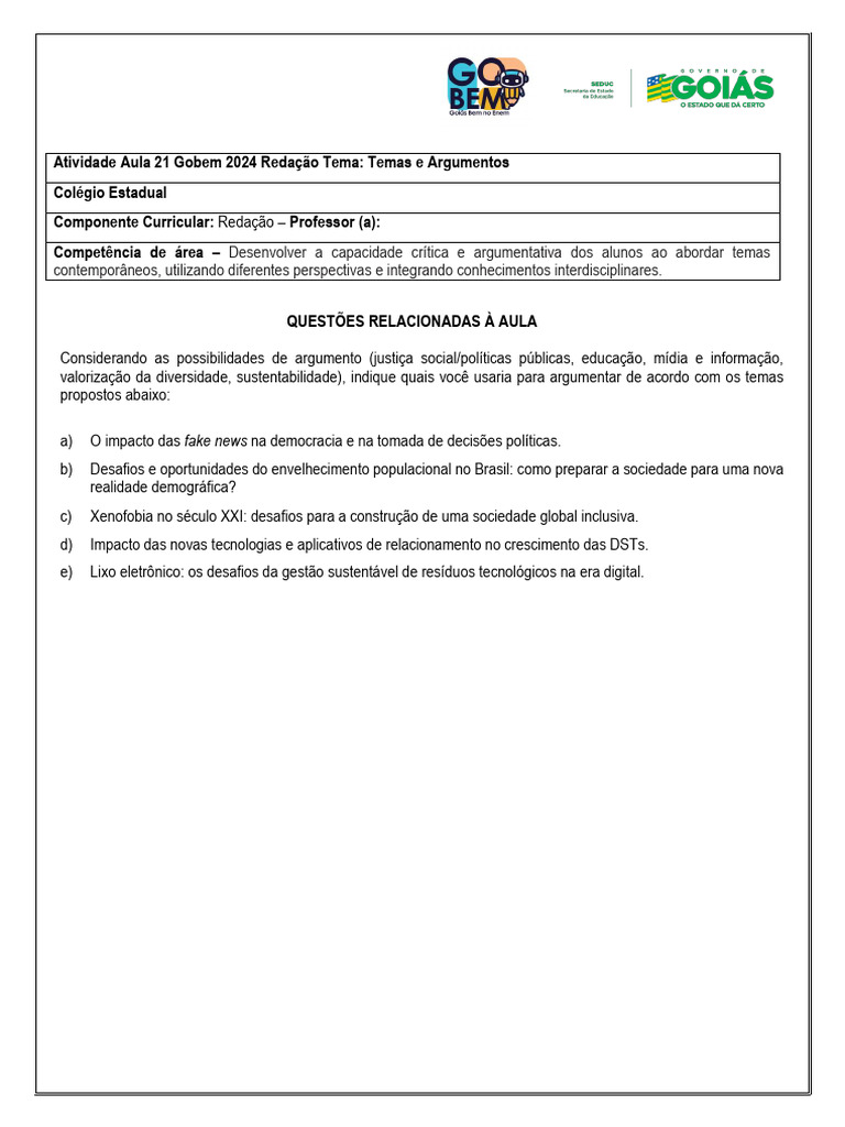 Atividade Aula 21 Gobem REDACAO Temas e Argumentos | PDF