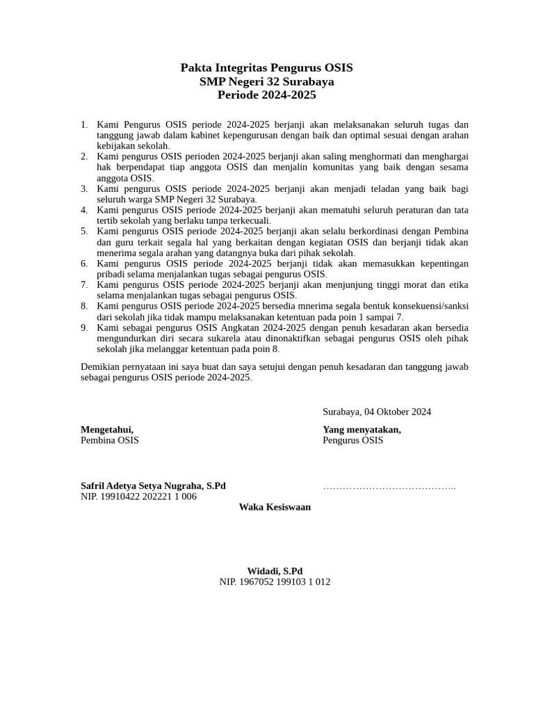 Pakta Integritas Pengurus OSIS SPENTIGDA | PDF | Karier & Perkembangan
