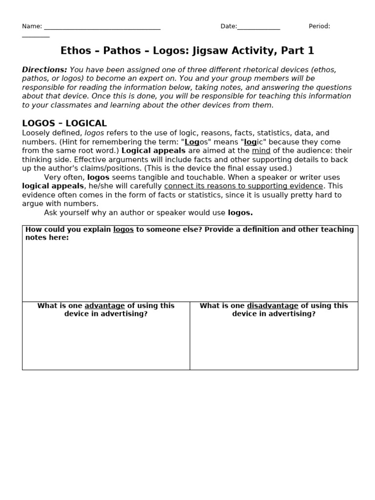 Ethos Pathos Logos Jigasw Activiy | PDF | Logos | Psychology