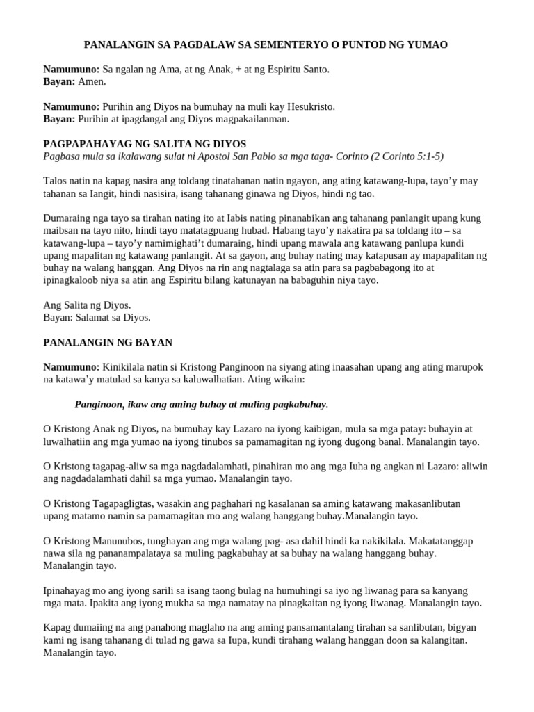 Panalangin Sa Pagdalaw Sa Sementeryo o Puntod NG Yumao | PDF