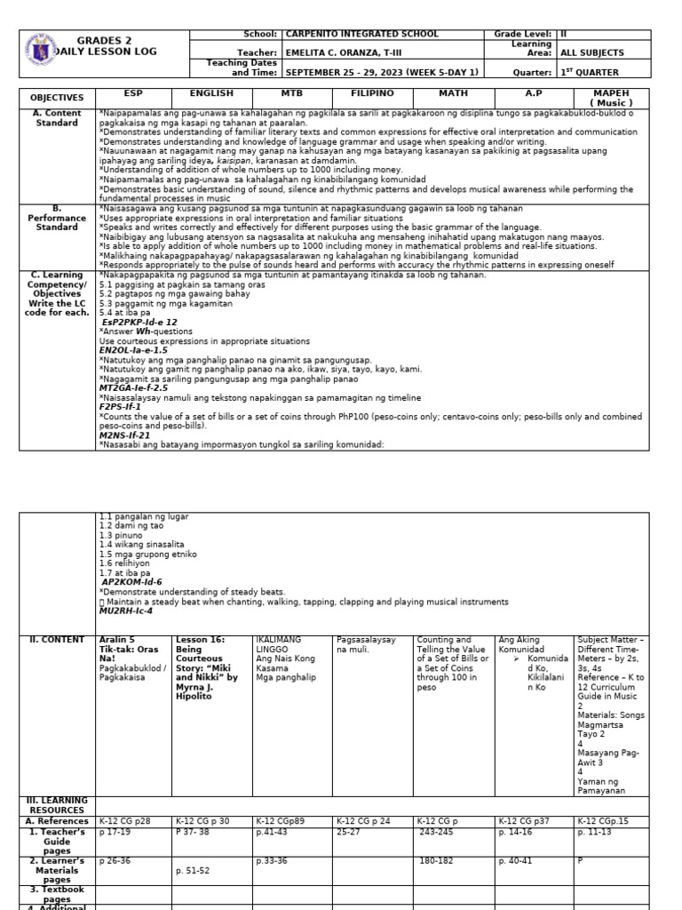 DLL All-Subjects-2 Q1 W5 D1 - New-2023-2024 | PDF