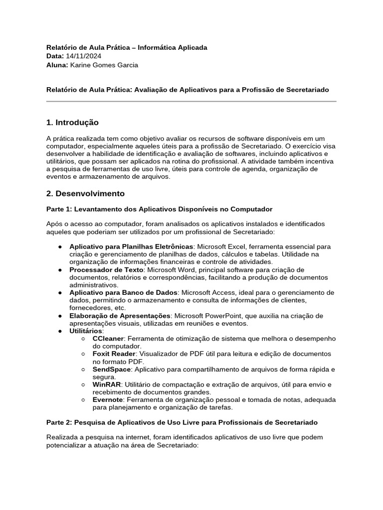 Relatório de Aula Prática - Informática Aplicada | PDF | Gestão de relacionamento com o cliente ...