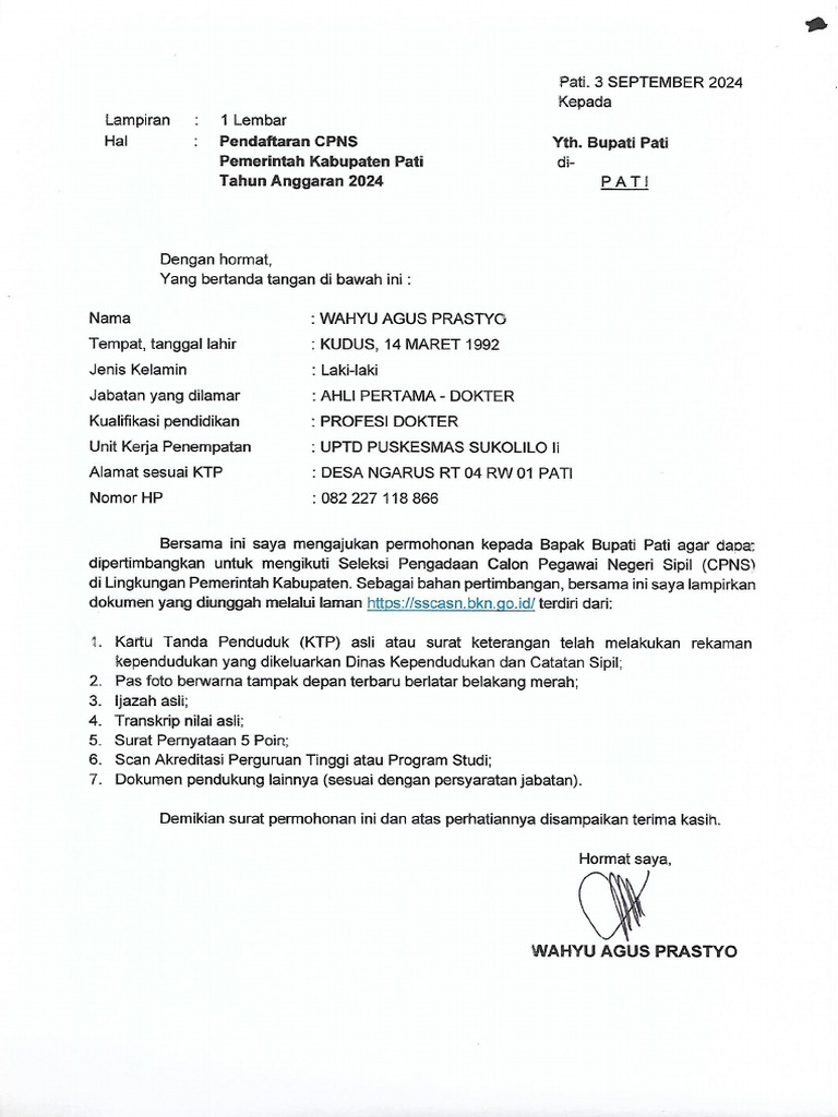 Surat Lamaran CPNS Wahyu | PDF