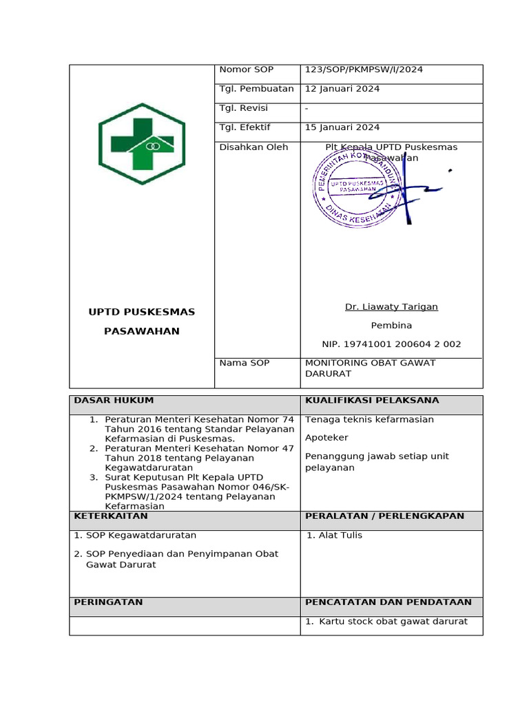 SOP PSW Monitoring Obat Gawat Darurat | PDF