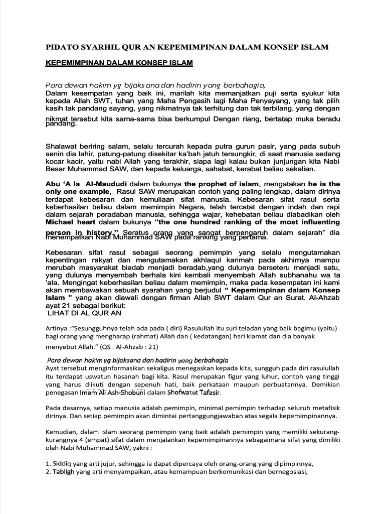 PDF Pidato Syarhil Qur An Kepemimpinan Dalam Konsep Islam - Compress | PDF | Pengembangan Diri ...