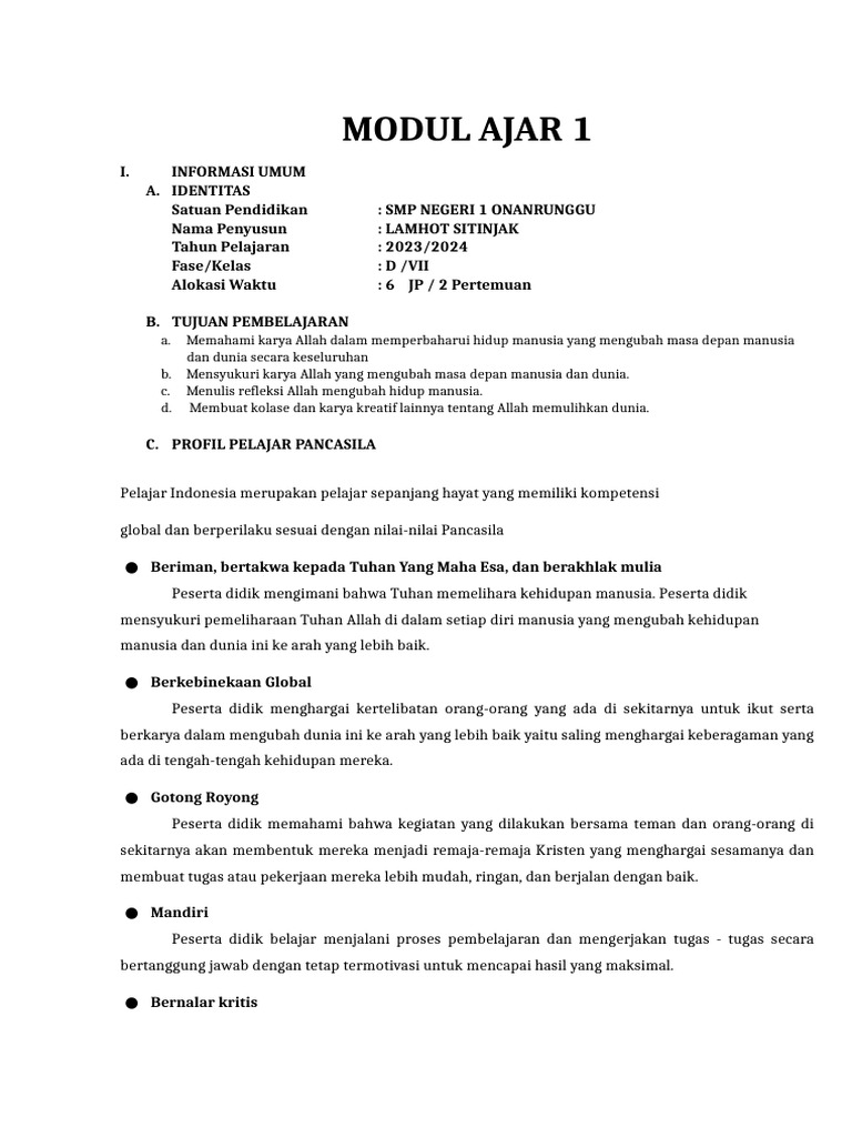 Kelas 7 Modul Ajar Kumer 1 | PDF | Sains & Matematika
