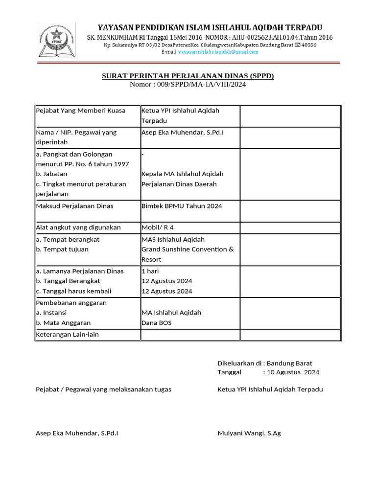 Surat Perintah Perjalanan Dinas 2024 | PDF