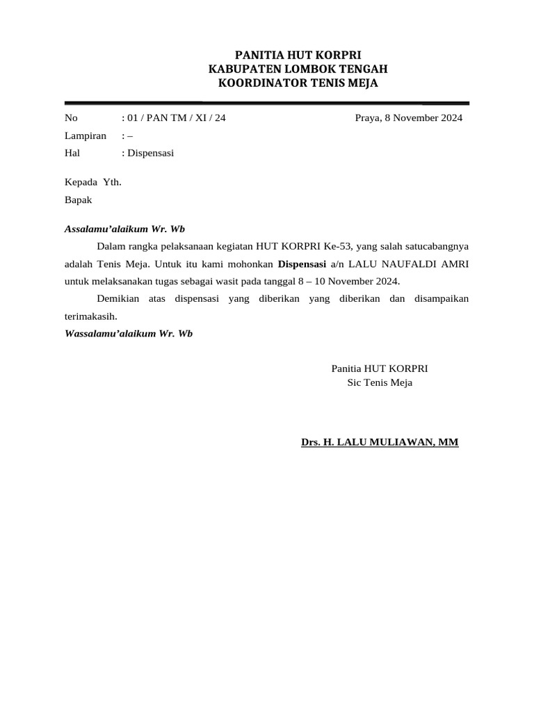 Dispensasi Wasit Tenis Meja HUT KORPRI | PDF