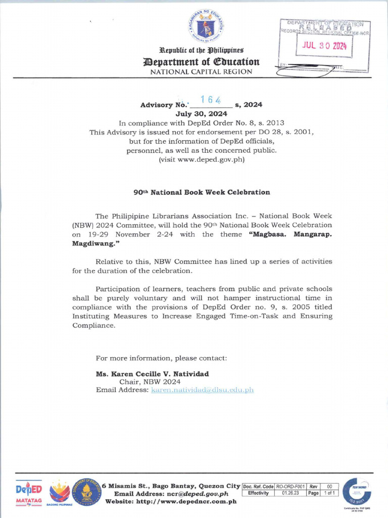 Advisory No. 164 S. 2024 90th National Book Week Celebration | PDF