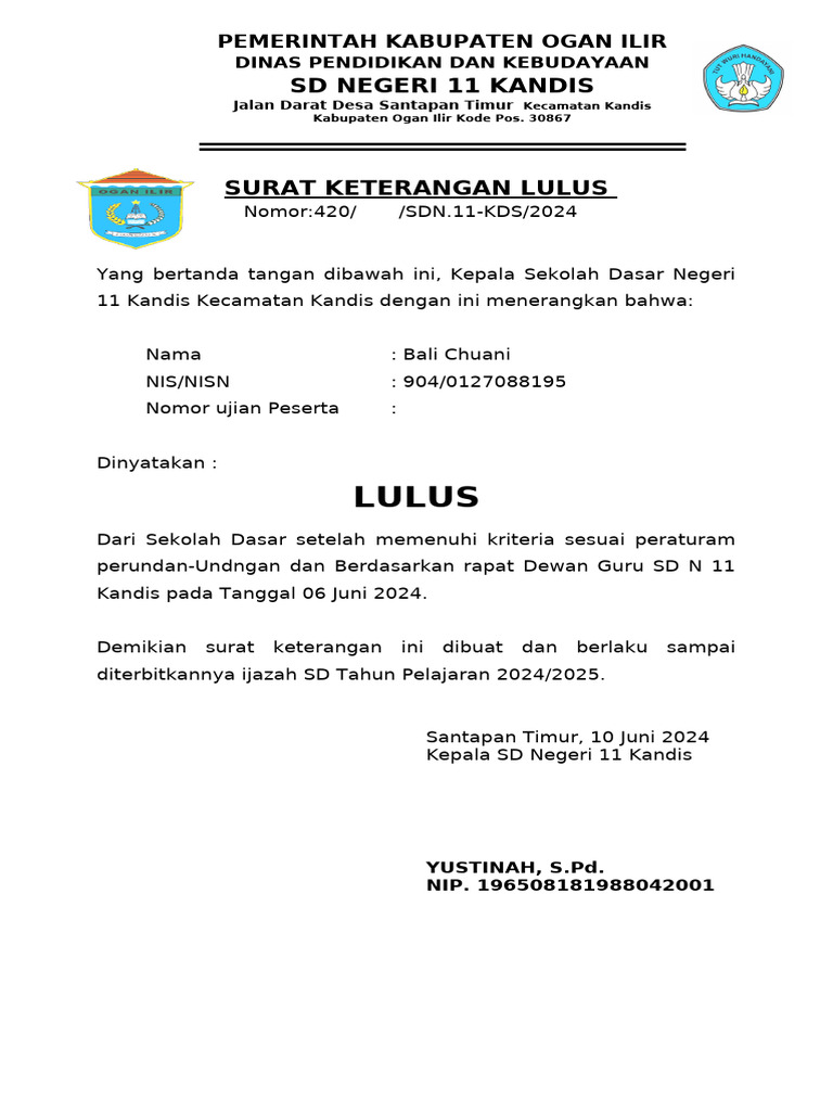 Surat Keterangan Lulus SD 2024 | PDF