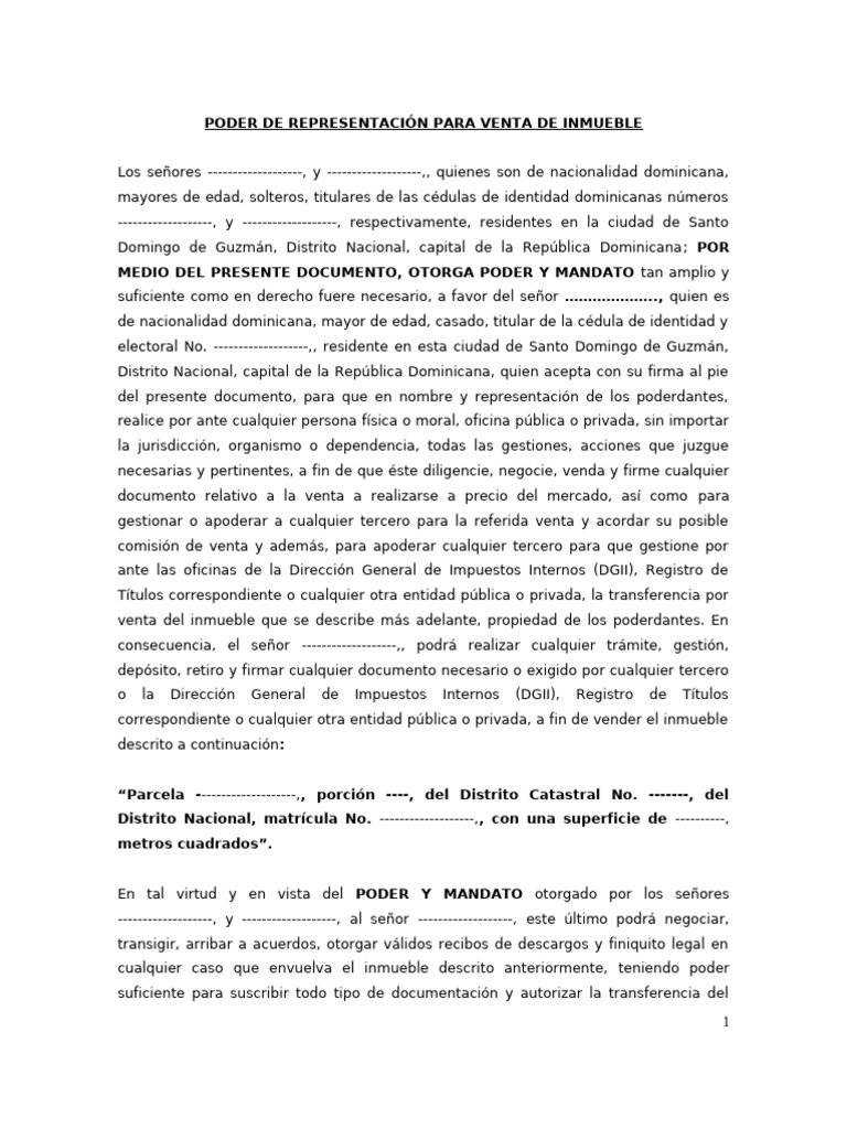 Poder para Venta de Inmueble en RD | PDF | República Dominicana | Documento de identidad