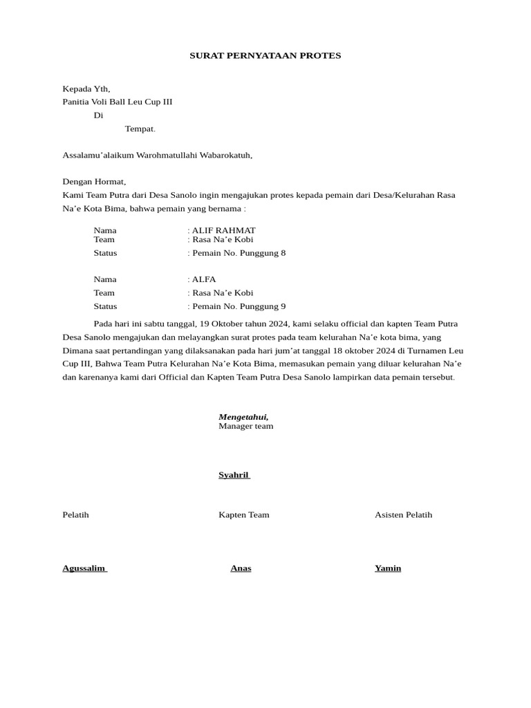 Surat Protes Tim Voli Desa Sanolo | PDF
