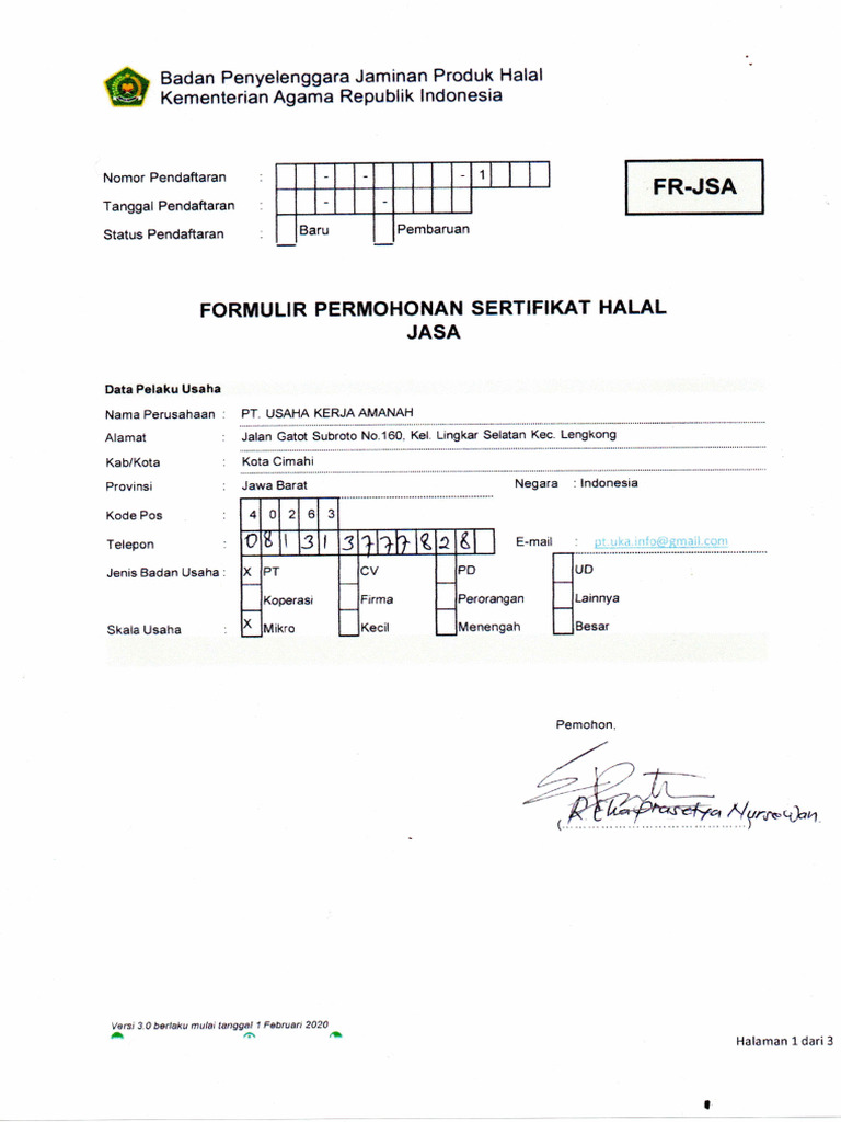 Formulir Pendaftaran Halal PT UKA | PDF