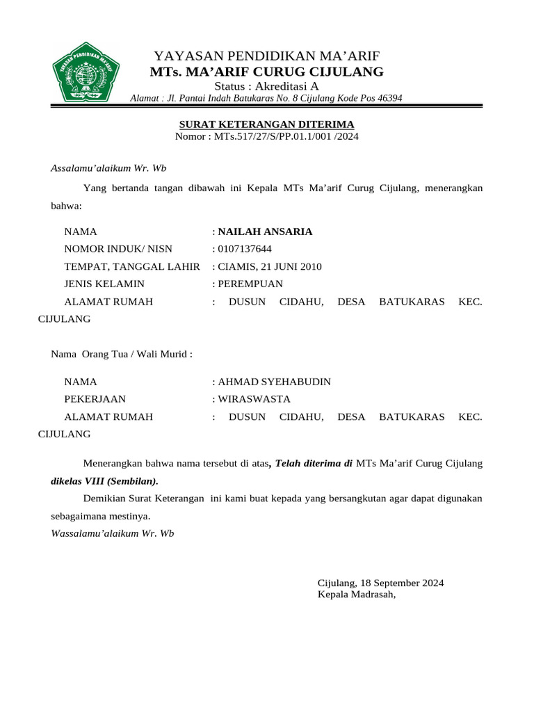 Surat Diterima Sekolah | PDF