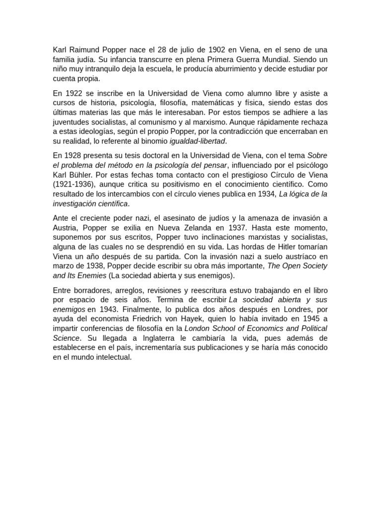 Karl Raimund Popper Nace El 28 de Julio de 1902 en Viena | PDF ...