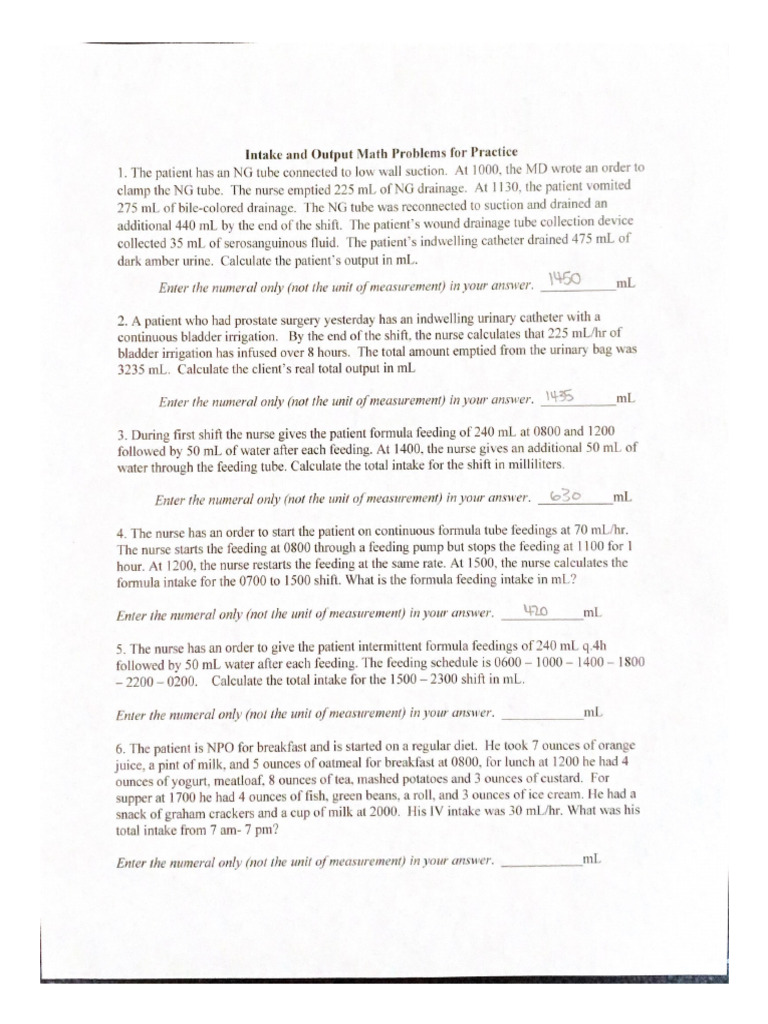 Intake and Output Math Problems For Practice | PDF