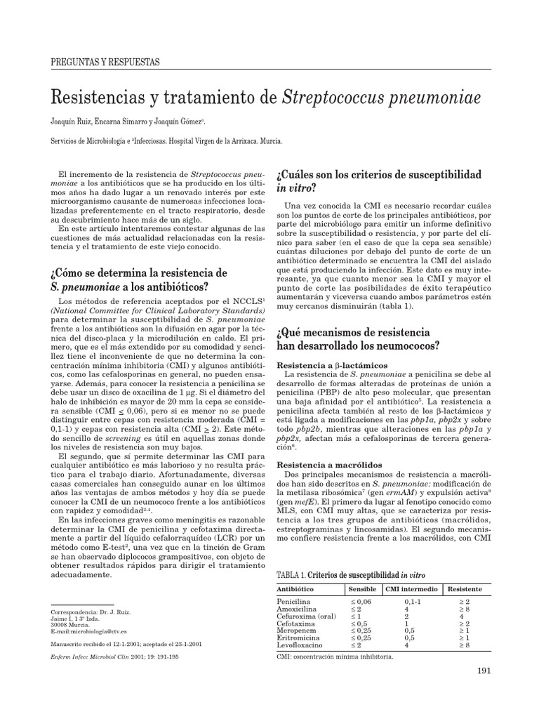 Resistencias y Tratamiento de Streptococcus Pneumoniae | PDF ...