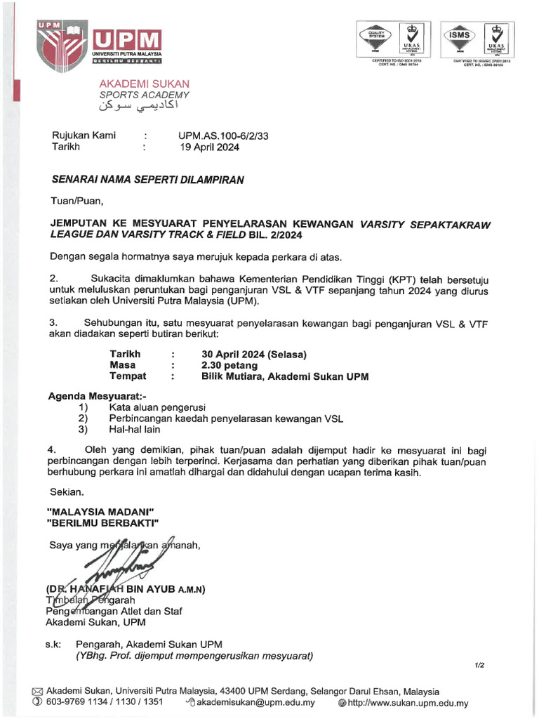 Surat Jemputan Mesyuarat Penyelarasan Kewangan VSL Dan VTF | PDF