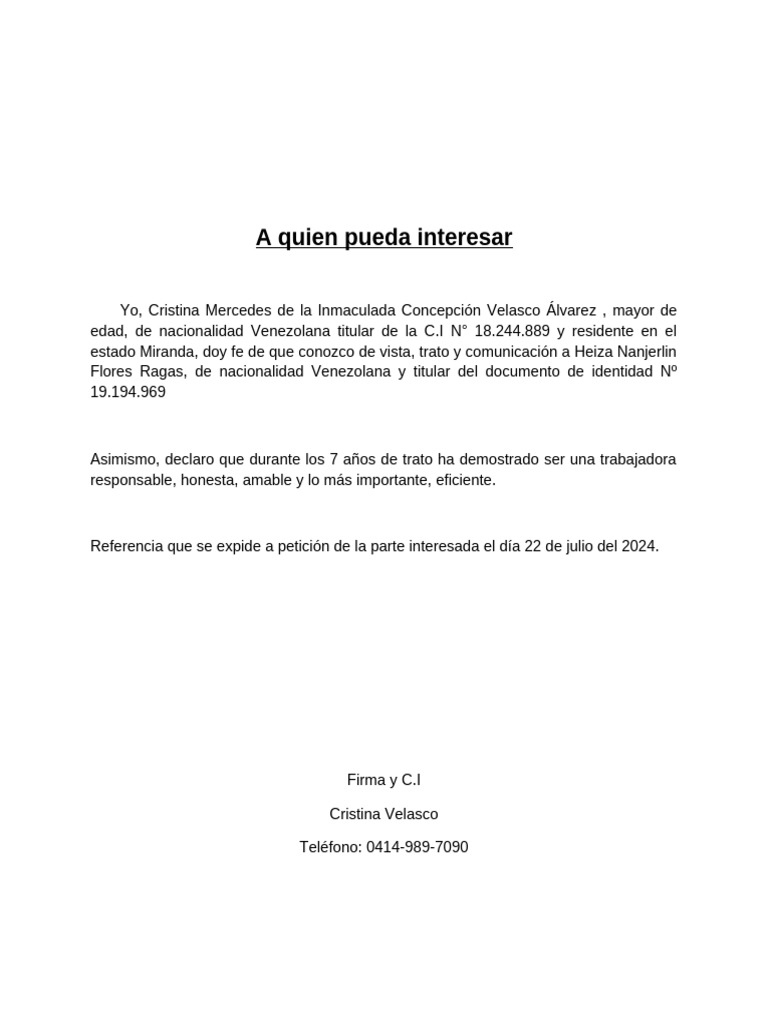 Referencia Laboral de Heiza Flores | PDF | Derecho
