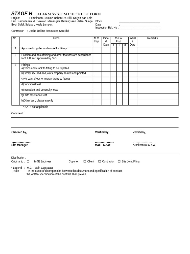 Stage H - Alarm System Inspection Form | PDF | Technology & Engineering