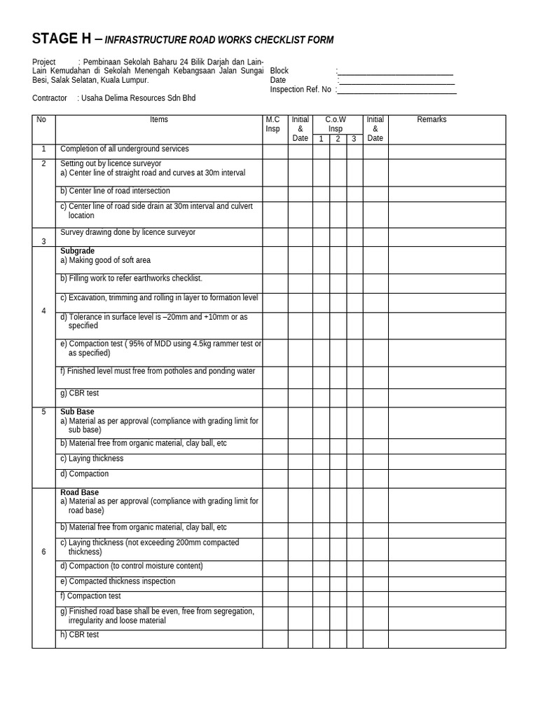 Stage H - Infrastructure Road Works Inspection Form | PDF | Materials