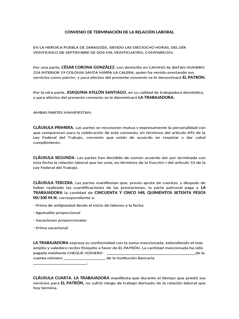 Convenio de Terminacion de Relacion Laboral | PDF | Justicia | Crimen y violencia