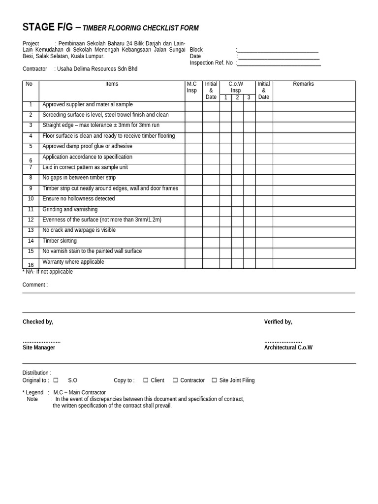 Stage FG - Timber Flooring Inspection Form | PDF