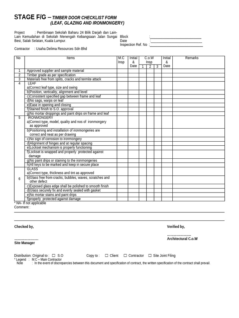Timber Door Inspection Checklist Form | PDF | Building Engineering