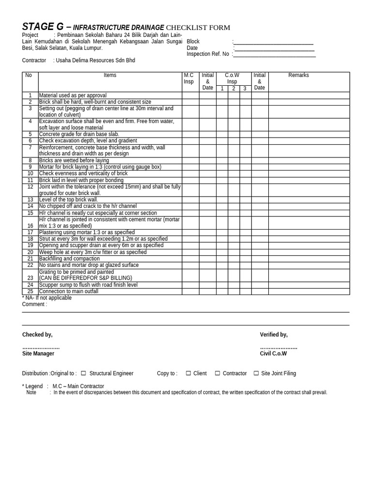 Brick Stage Inspection Checklist | PDF | Brick | Concrete