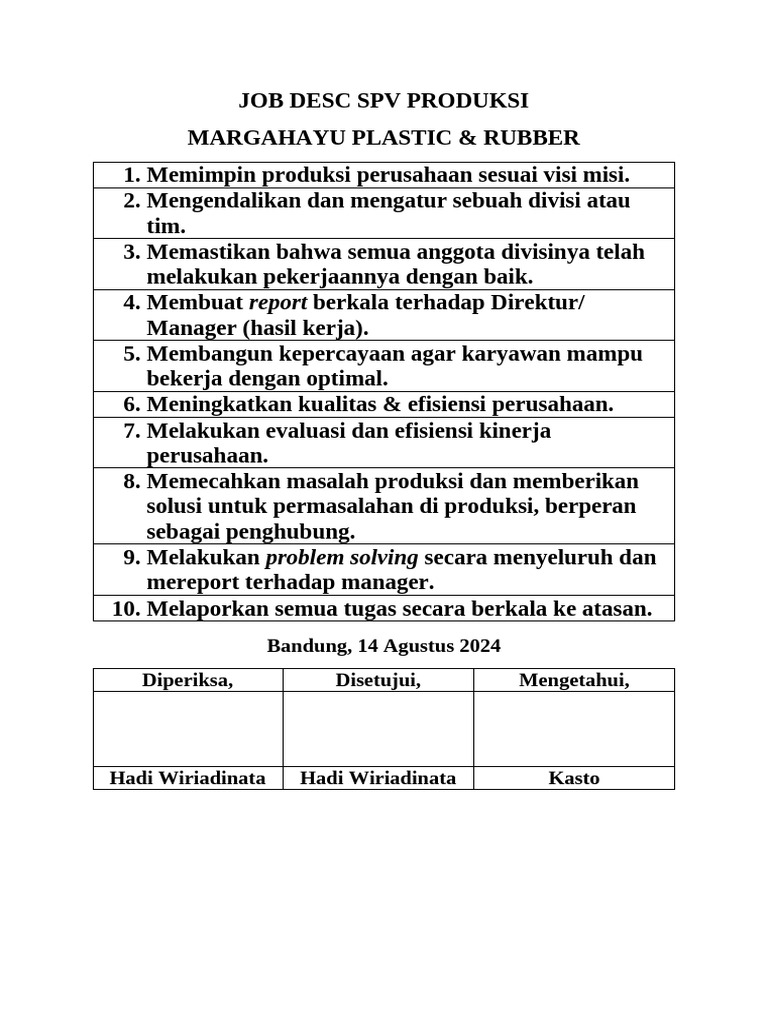 Job Desc SPV Produksi | PDF