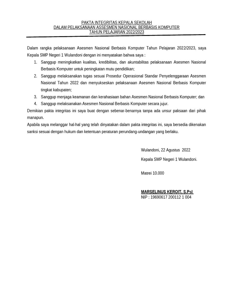 Pakta Integritas ANBK 2021 | PDF