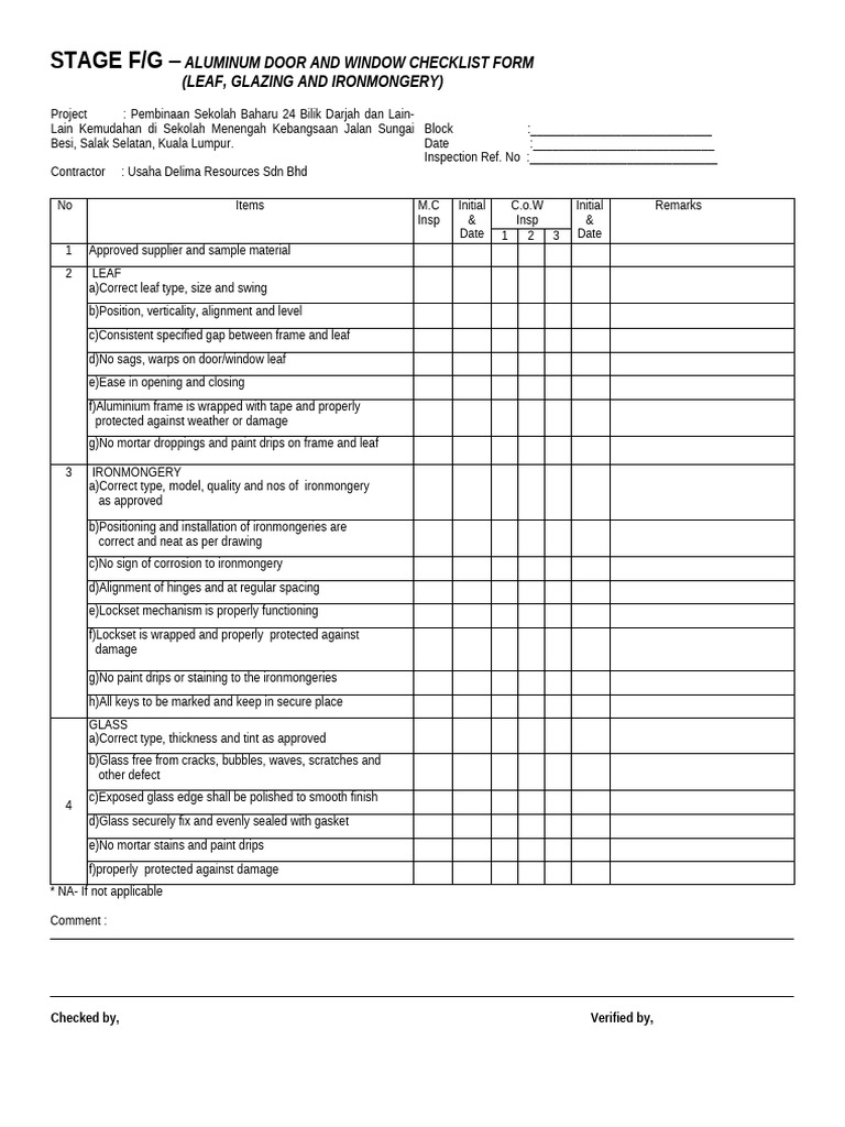 Stage FG - Aluminum Door and Window Inspection Form | PDF | Door | Window