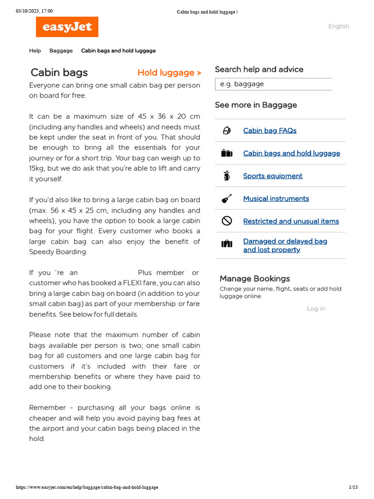 Cabin Bags and Hold Luggage - Easyjet | PDF | Baggage | Fee