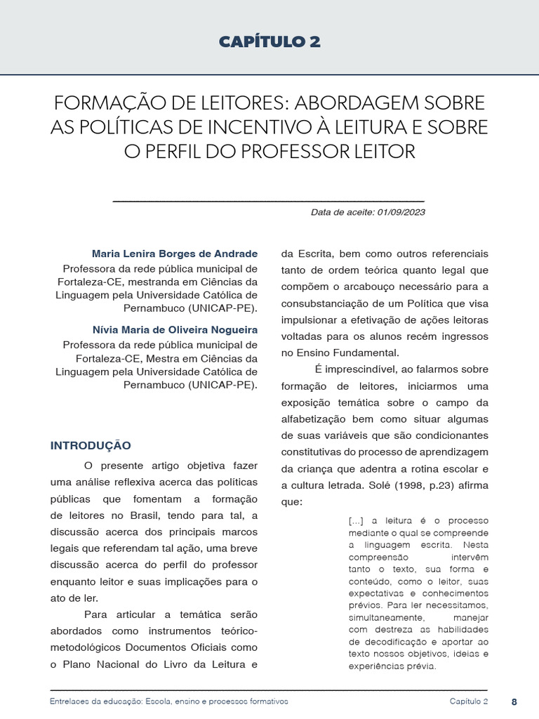 Formacao de Leitores Abordagem Sobre As Politicas de Incentivo A Leitura e Sobre o Perfil Do ...