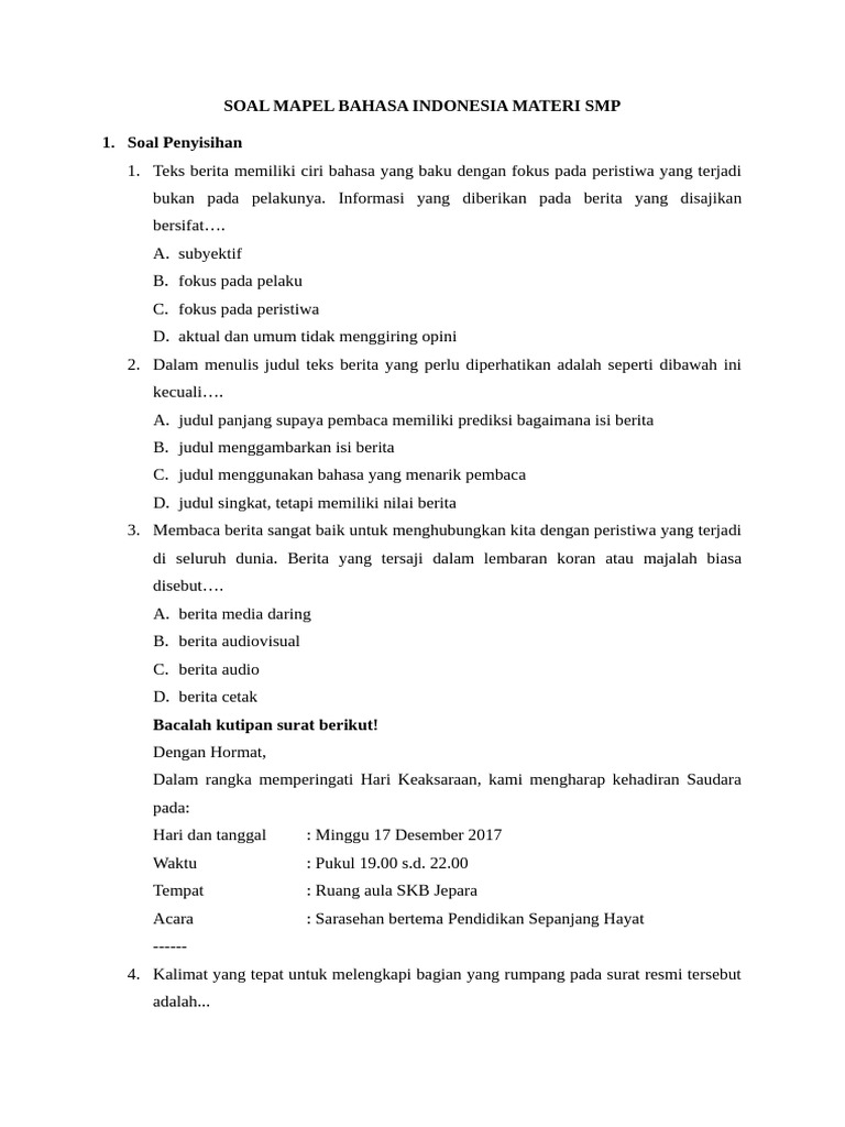 Soal Mapel Bahasa Indonesia Materi SMP | PDF