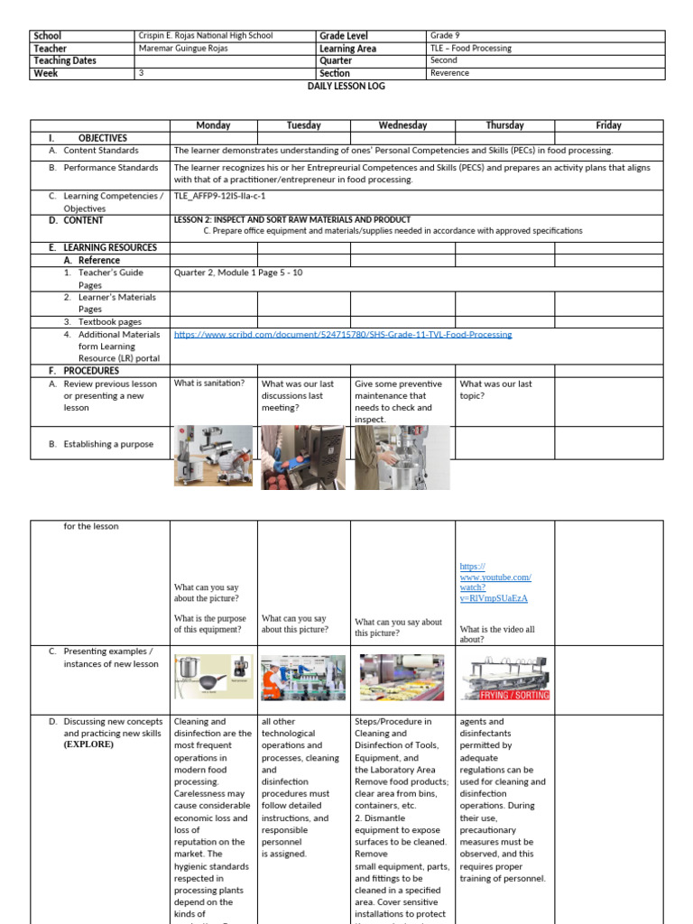 DLL - Grade 9 TLE - Wk3 - Food Processing | PDF | Learning | Disinfectant