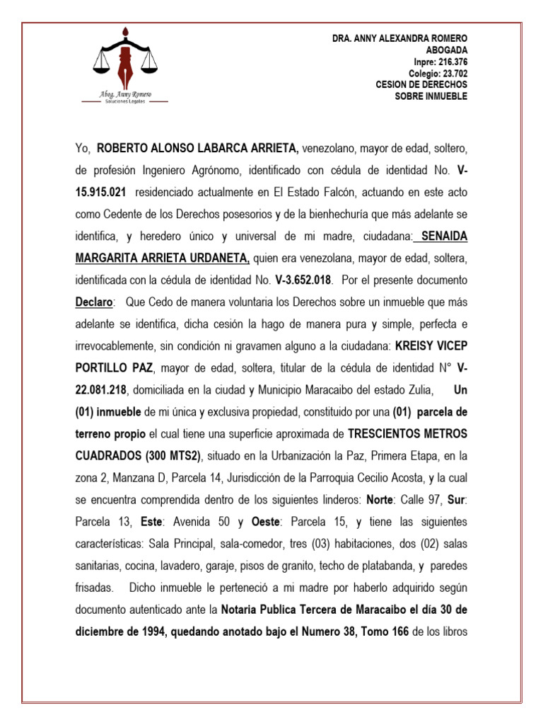 Cesion de Derechos ROBERTO LABARCA Hijo Senaida | PDF | Política | Ciencias sociales