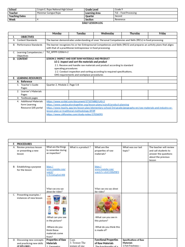 Food Processing Lesson Plan Overview | PDF | Learning