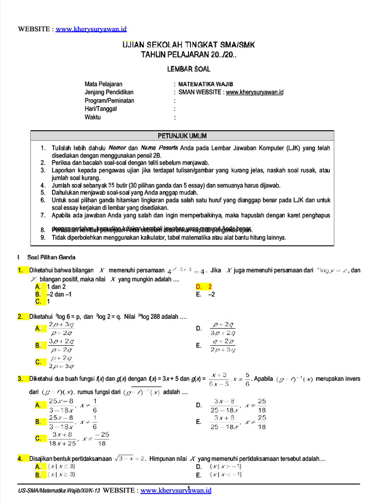 PDF Soal Us Matematika Wajib Sma Kelas 12 WWW Kherysuryawanid 2 Compress | PDF