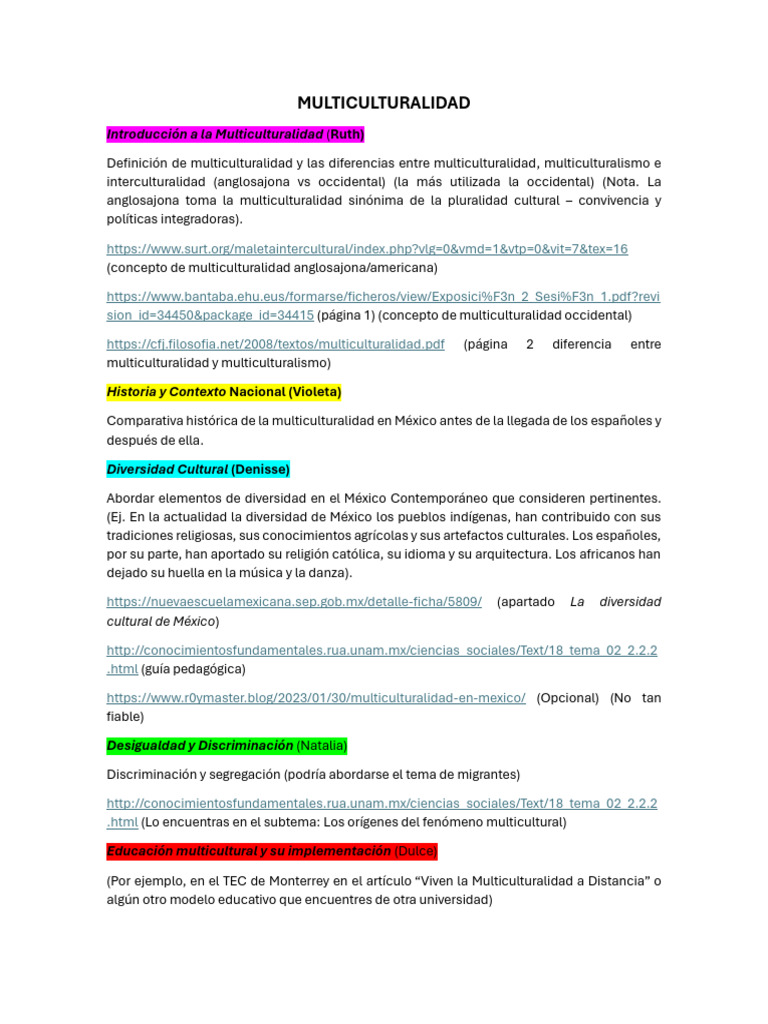 Reparto de Temas Multiculturalidad | PDF | Multiculturalismo | México