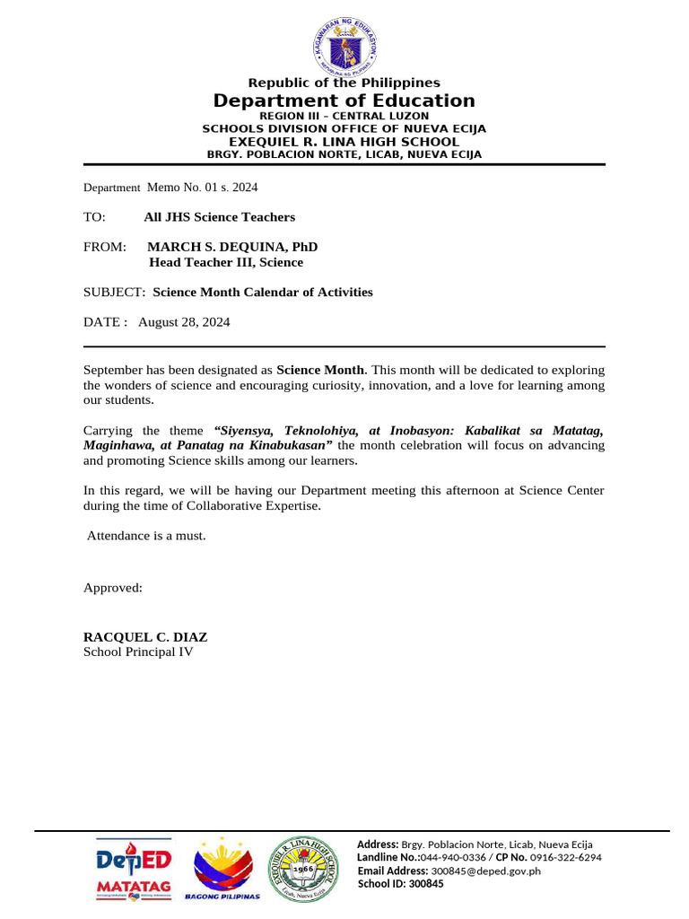 Science Month Activities Memo 2024 | PDF
