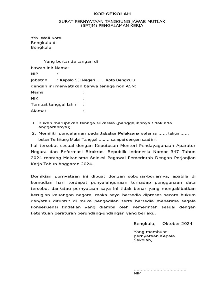 SPTJM Pengalaman Kerja TTD Kepsek | PDF