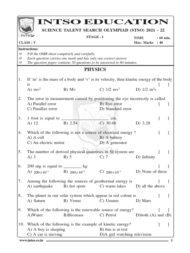 STSO Class V Exam Paper 2021-22 | PDF | Atmosphere Of Earth | Atmosphere