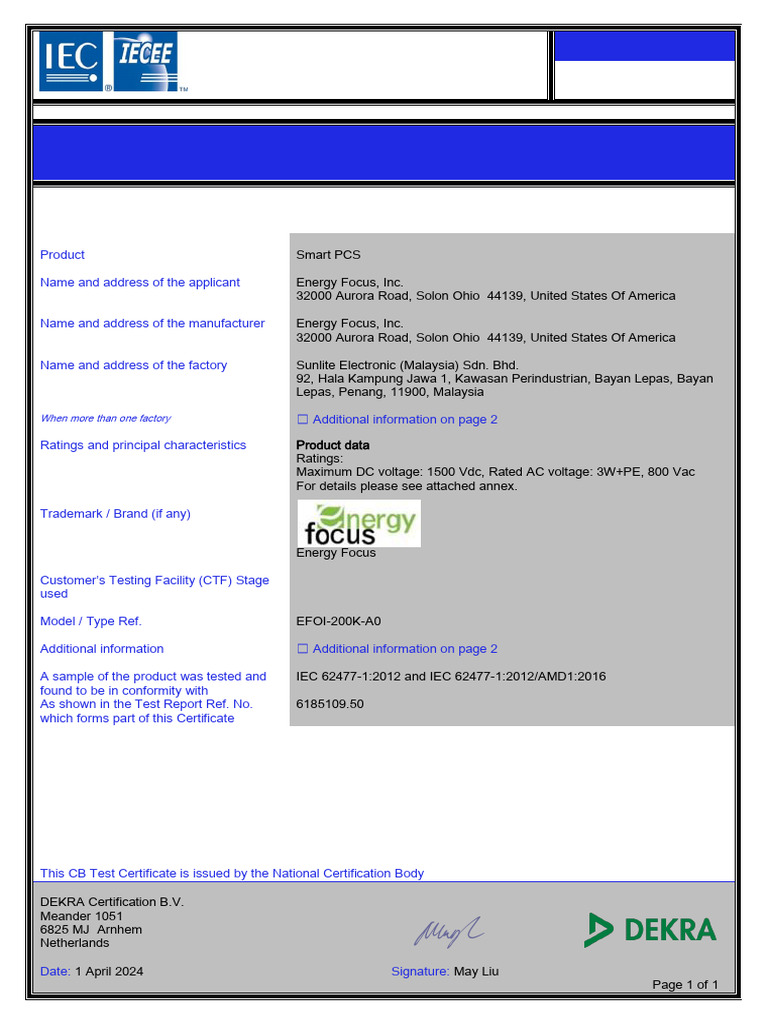 6185109.50-NL-105623 - Energy Focus (IEC 62477-1) 證書 | PDF | Power ...