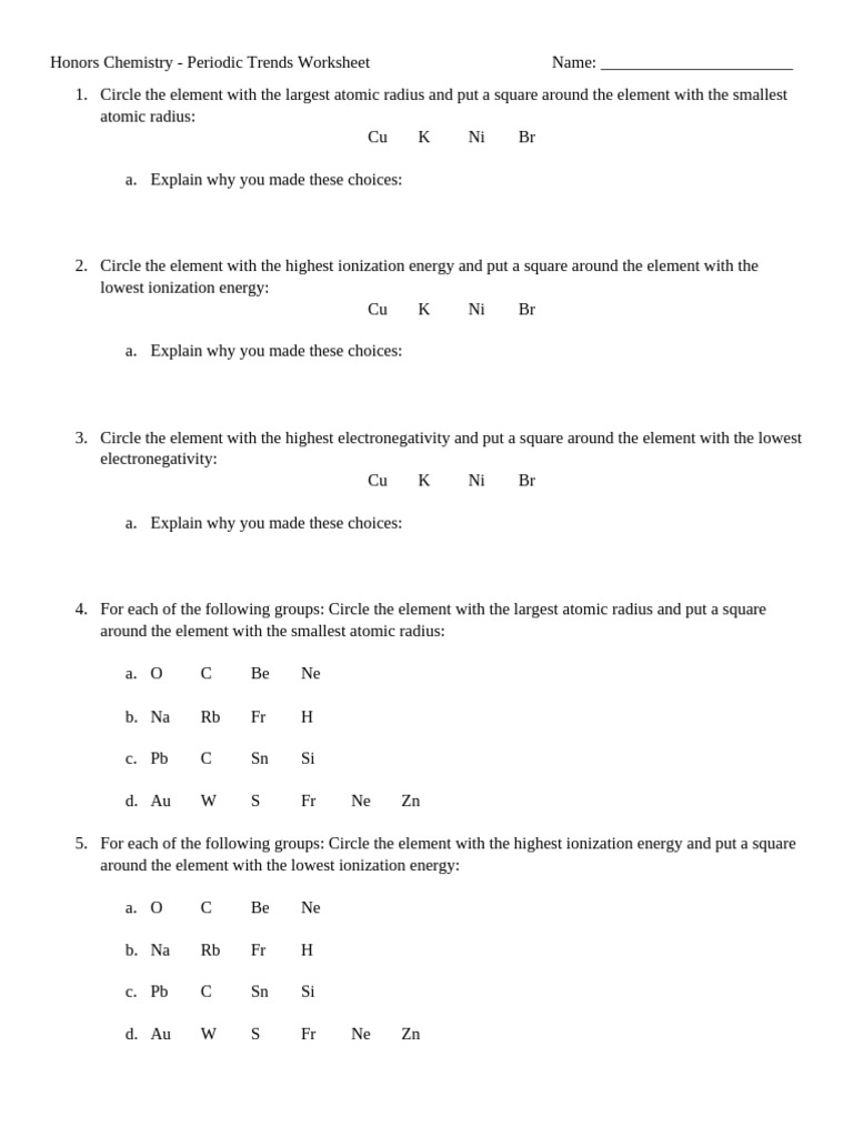 Periodic Trends Worksheet for Chemistry | PDF | Chemical Elements | Ion