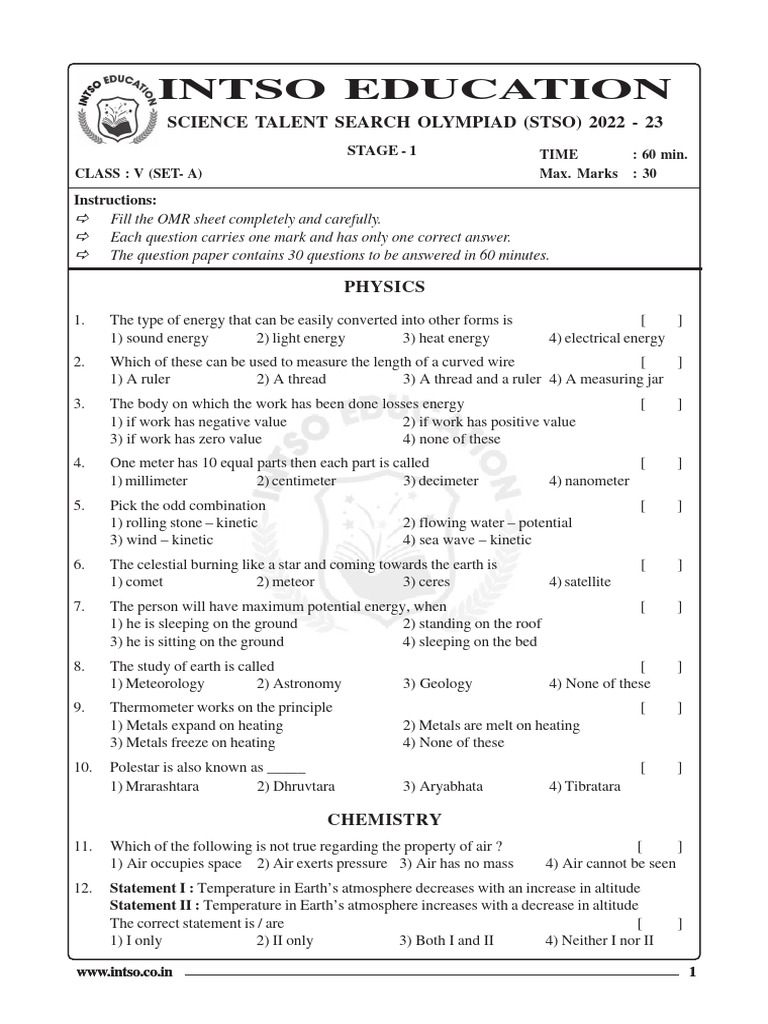 STSO Level 1 Exam Paper & Answers | PDF | Tooth | Water