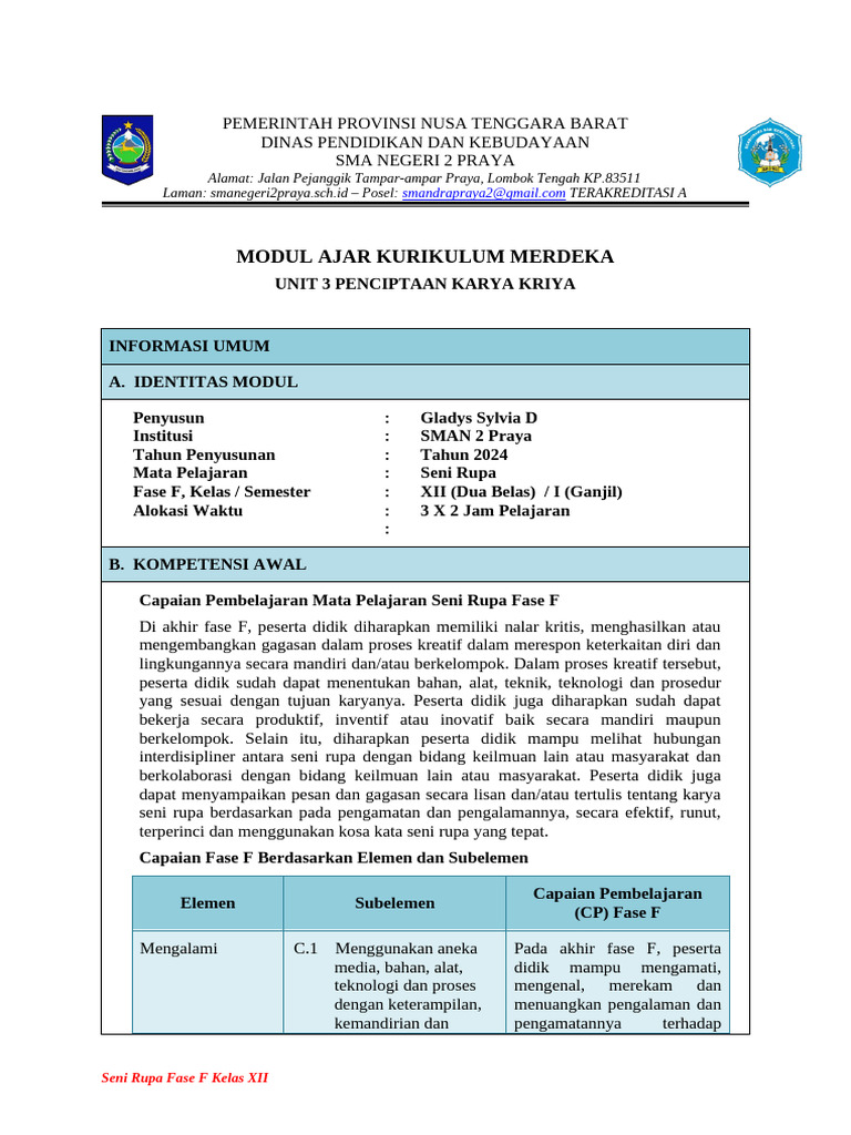 Modul Ajar Unit 3 Penciptaan Karya Kriya - Ys | PDF | Ilmu Sosial