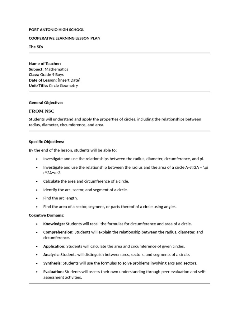 Grade 9 Circle Lesson Plan | PDF | Circle | Area