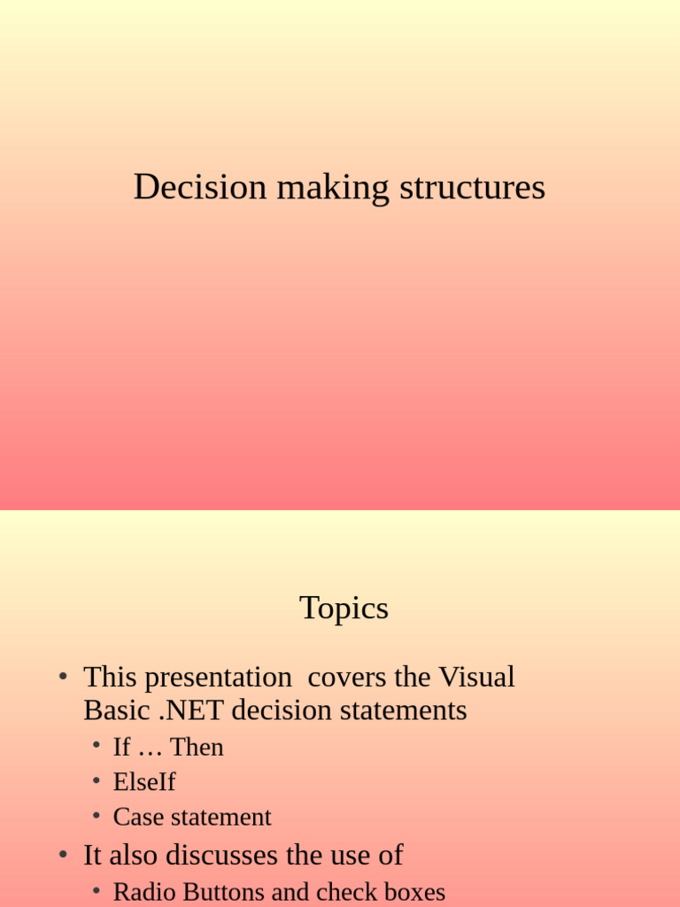 JK VB NET 5 Decision Making Structures | PDF | Computer Programming | Software Engineering