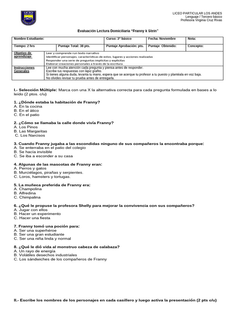 Evaluación de Lectura: "Franny K. Stein" | PDF